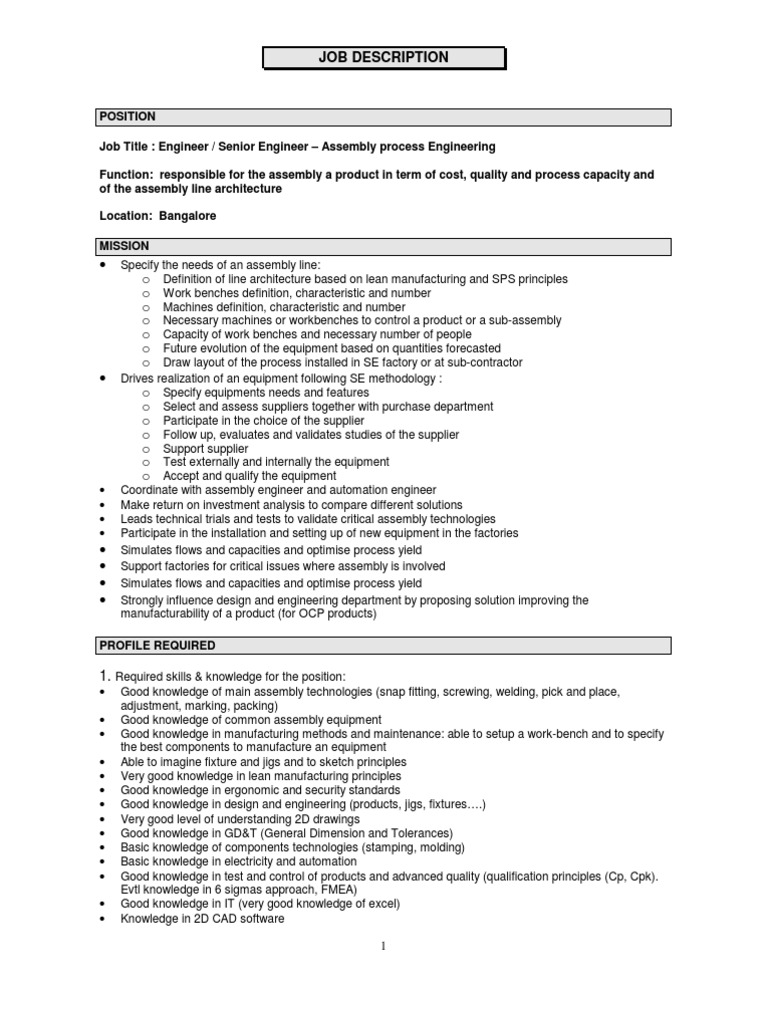 JD Process Engineer | PDF | Lean Manufacturing | Engineering