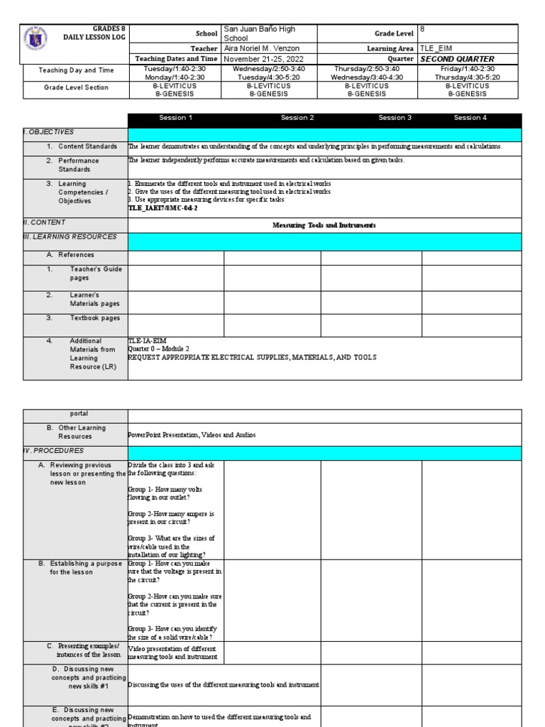 Grade 8 TLE Daily Lesson Log | PDF | Learning | Behavior Modification