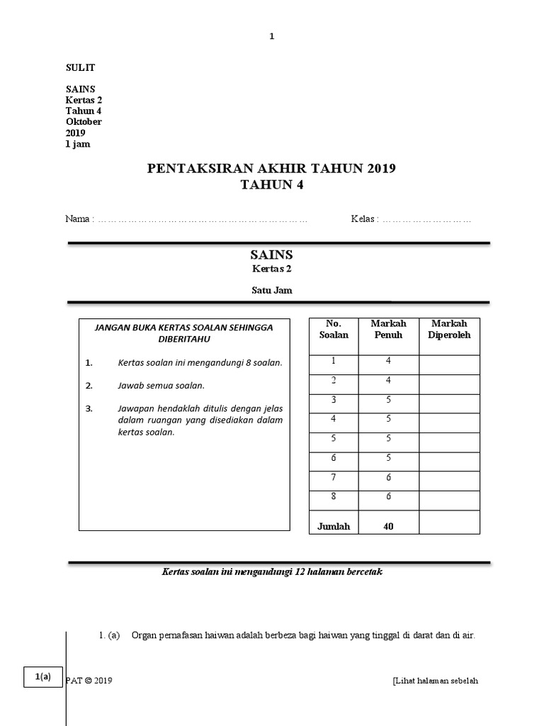 Soalan PAT 2019 - Sains T4 K2 | PDF