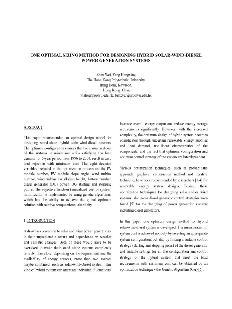 Optimal Sizing Method For Designing Hybrid Solar Wind Diesel Power Generation Systems To