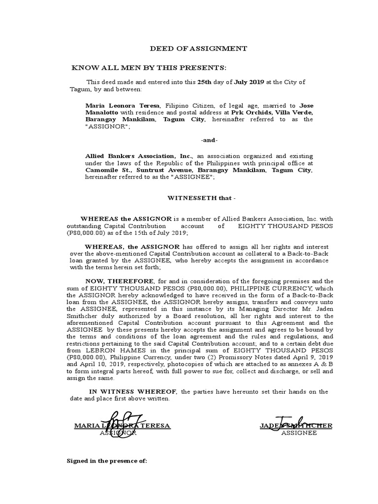 Deed of Assignment of Capital Contribution | PDF | Assignment (Law ...