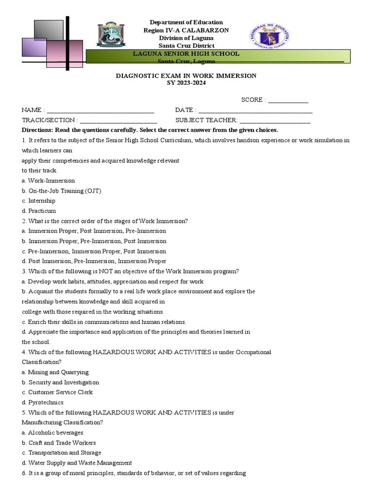 Diagnostic-3rd Quarter-Work-Immersion | PDF | Partnership | Hazards