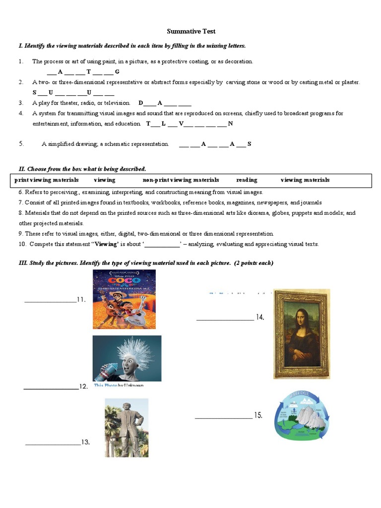 Viewing Materials Summative Test | PDF | Art