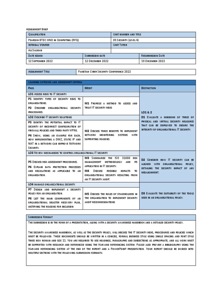 Assignment Brief Unit 05 Security Sep 2022 | PDF | Computer Security | Security