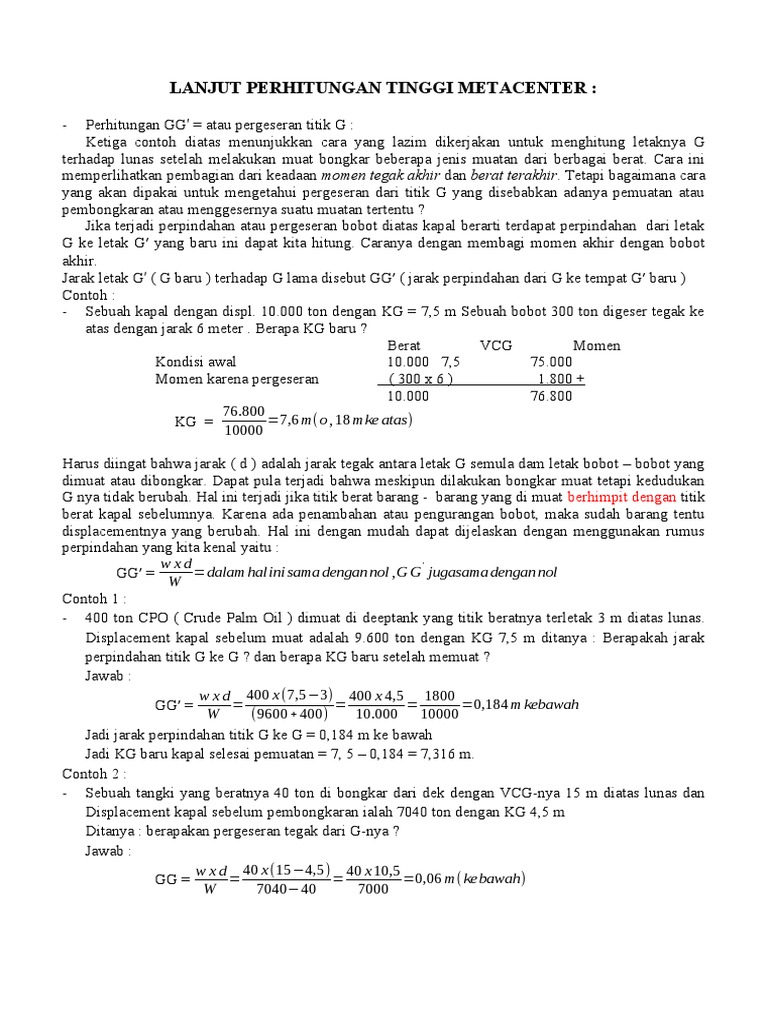 Ke 3 Kostab Semester 3 Lanjut Perhitungan Tinggi Metacenter | PDF ...