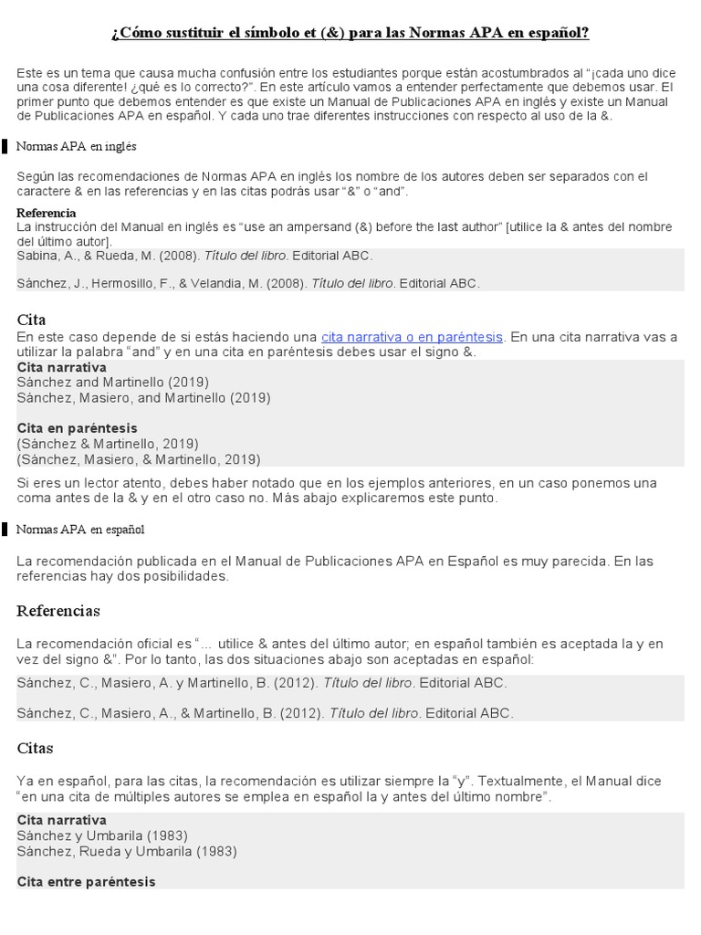 Cómo sustituir el símbolo et (&) para las Normas APA en español | PDF ...