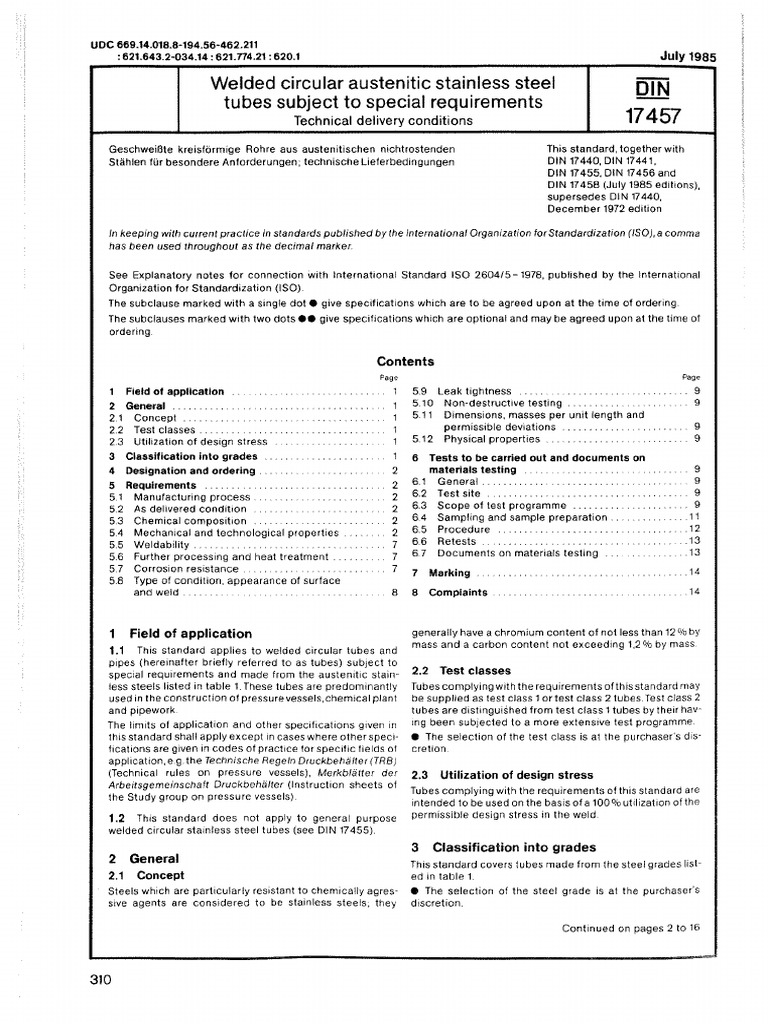DIN 17457 - Welded Circular Austenitic Stainless Steel Tubes Subject To ...
