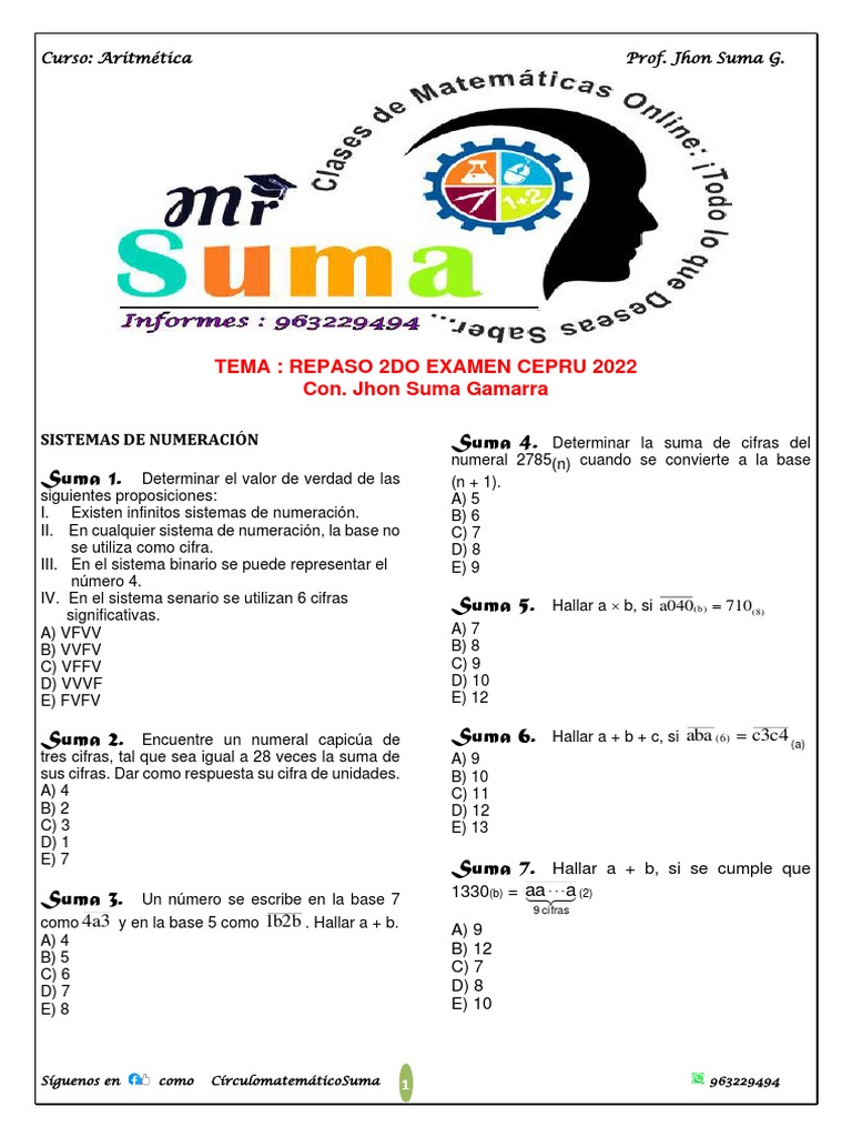 Repaso Segundo Cepru Aritmetica Jhon Suma PDF | PDF | Notación | Teoría de los números