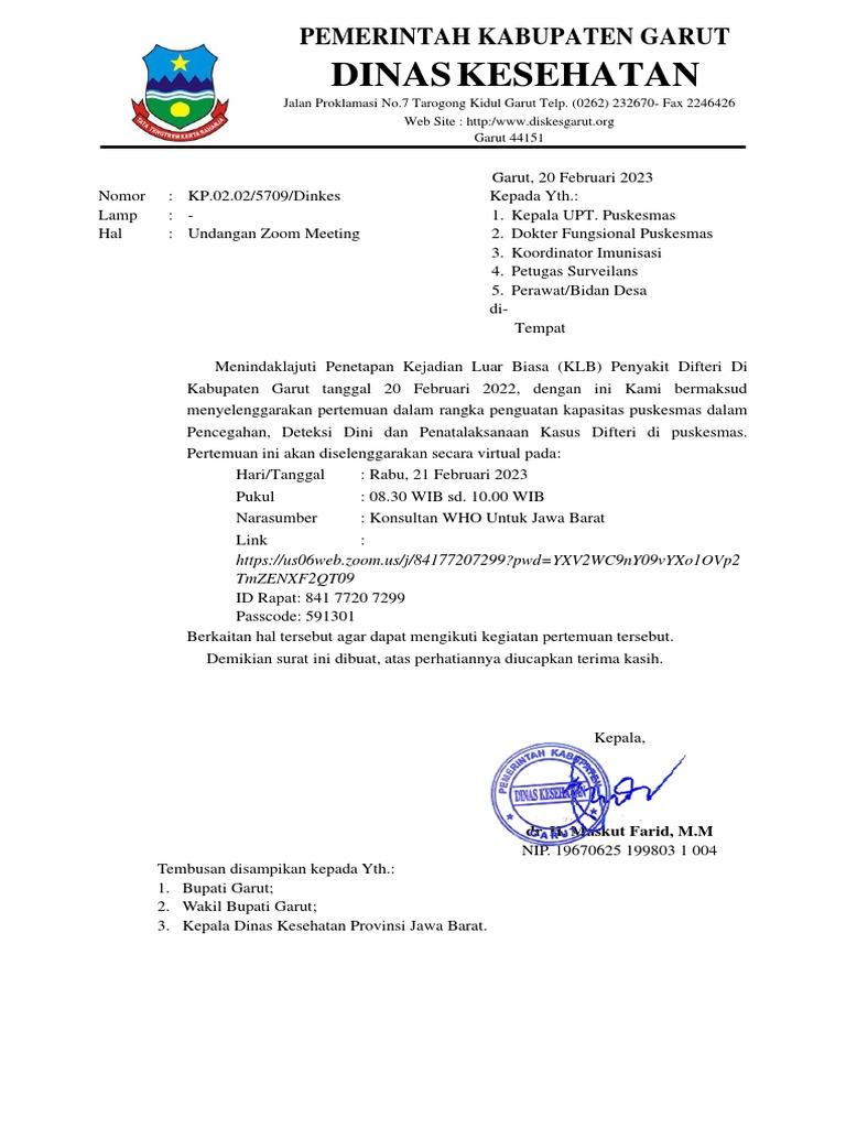 Surat Undangan Zoom Meeting Respon KLB Difteri Garut | PDF Surat Undangan Zoom Meeting Respon KLB Difteri Garut | PDF