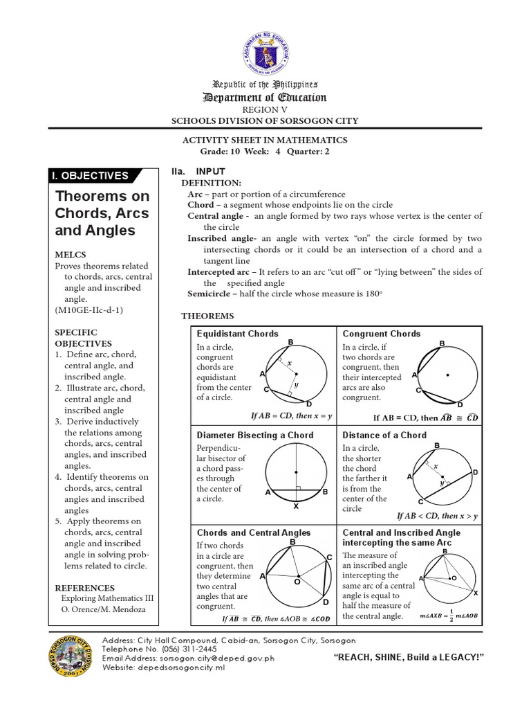 Theorems on Chords, Arcs, Central Angles and Inscribed Angles: An ...