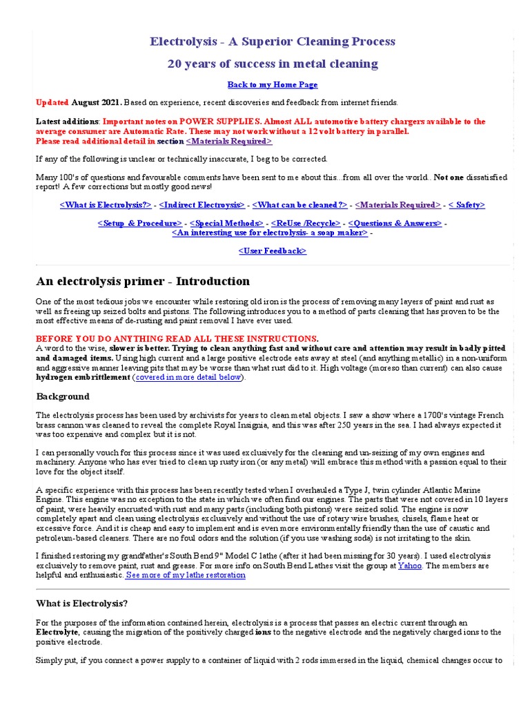 Electrolysis for Metal Cleaning Guide | PDF | Ion | Battery Charger