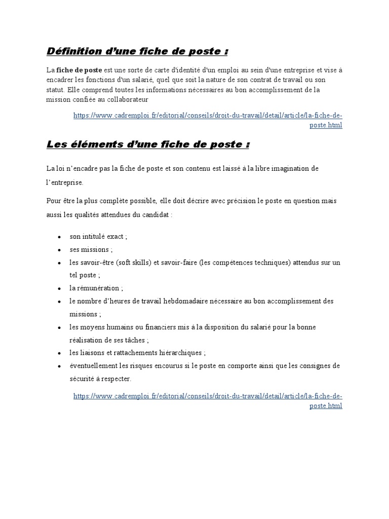 Définition et éléments d'une fiche de poste | PDF | Économie | Business