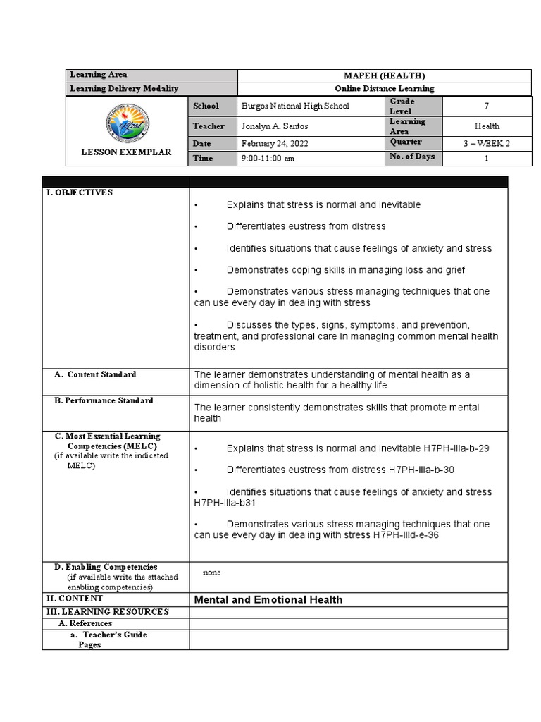 Grade 7 Health: Managing Stress & Mental Health | PDF | Stress (Biology ...
