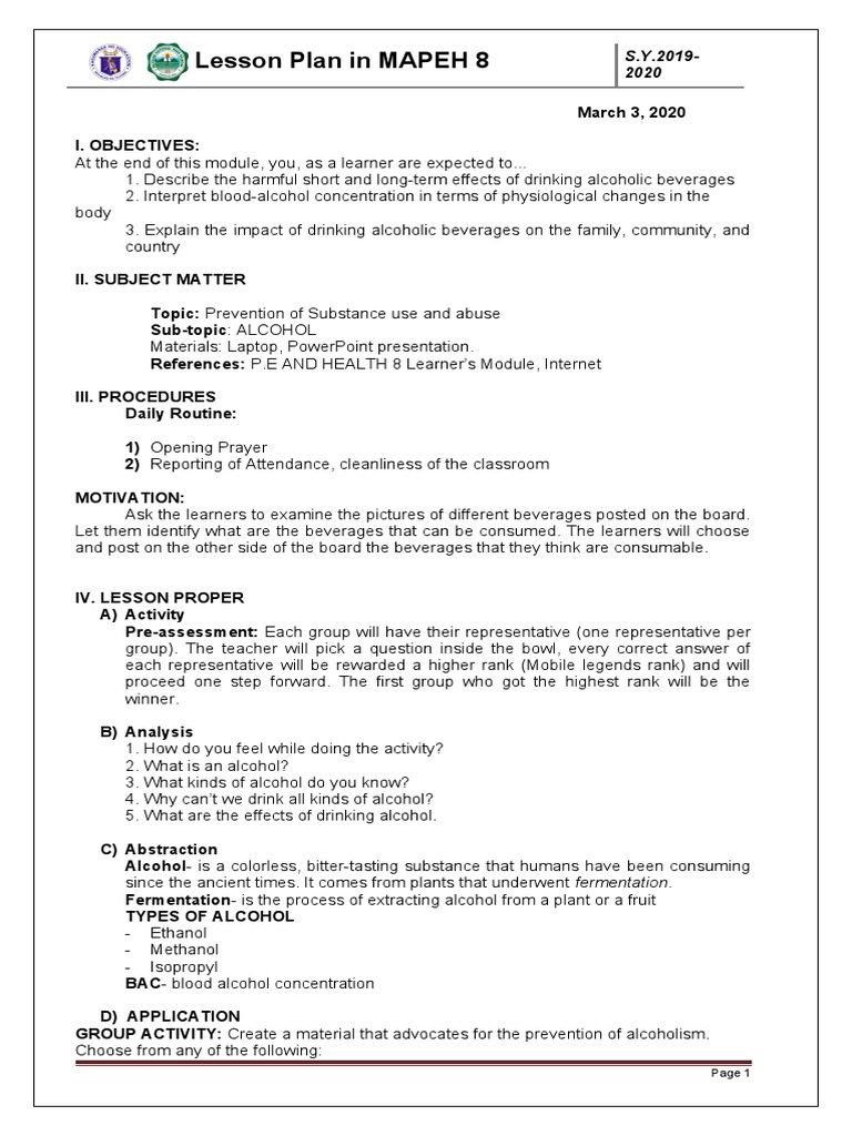 MAPEH Lesson Plan on Alcohol Prevention | PDF | Alcoholic Beverages ...