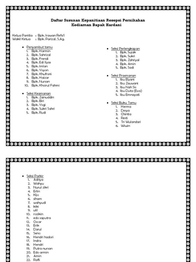 Daftar Susunan Kepanitiaan Resepsi Pernikahan | PDF