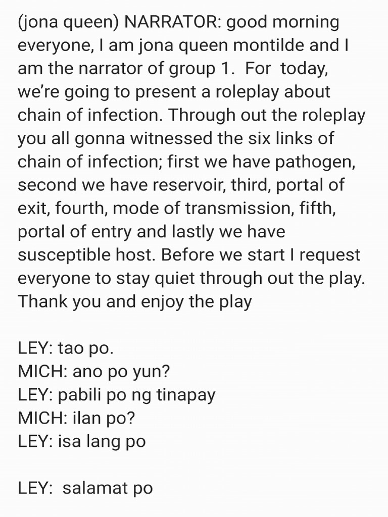 Chain of Infection (Roleplay Script Tagalog) | PDF