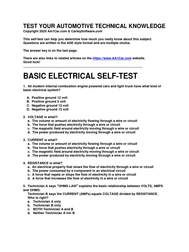 Self-Test Electrical Basics | PDF | Electricity | Voltage