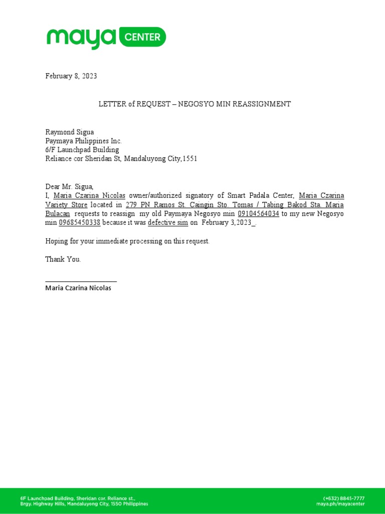 MayaCenter - LOR For MIN Reassignment | PDF