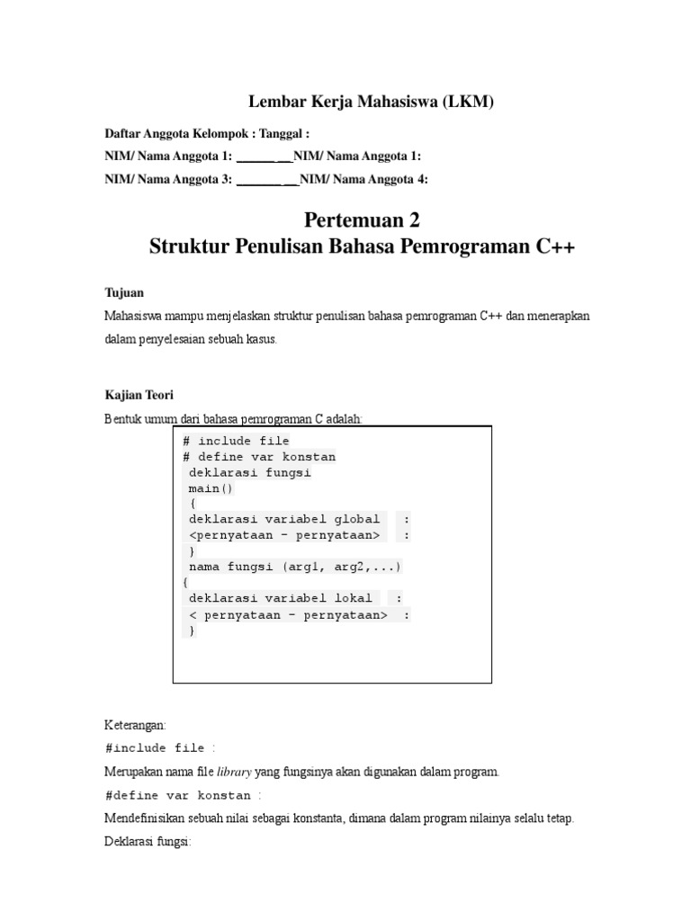 Pertemuan 2 Struktur Penulisan Bahasa Pemrograman C++: Lembar Kerja Mahasiswa (LKM) | PDF