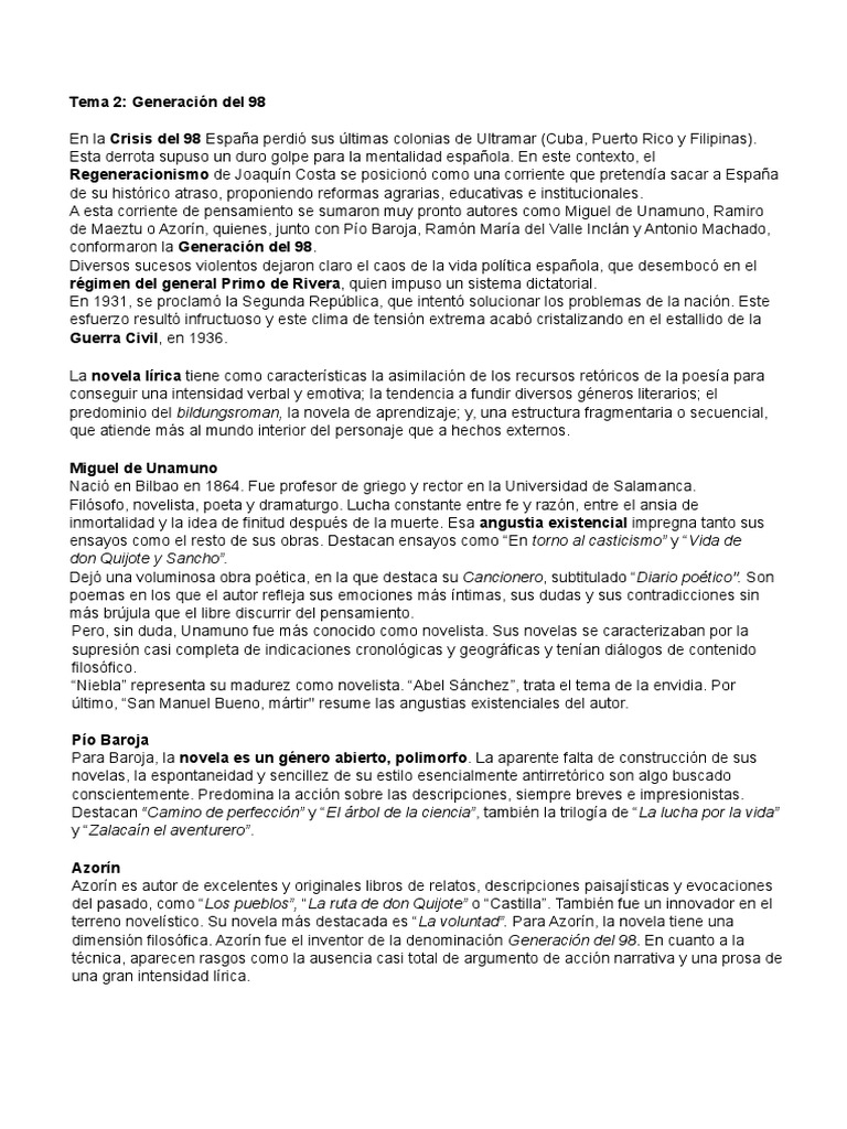 Tema 2 - Generación Del 98 | PDF | Novelas