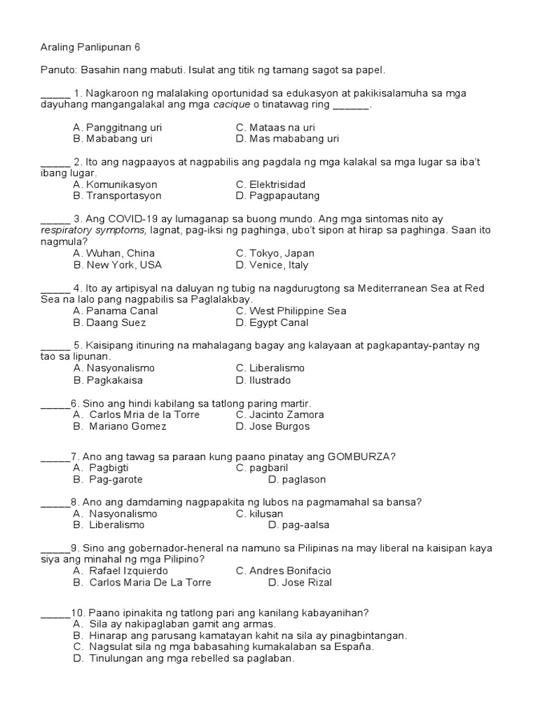 Quiz Araling Panlipunan 6 Quiz | PDF