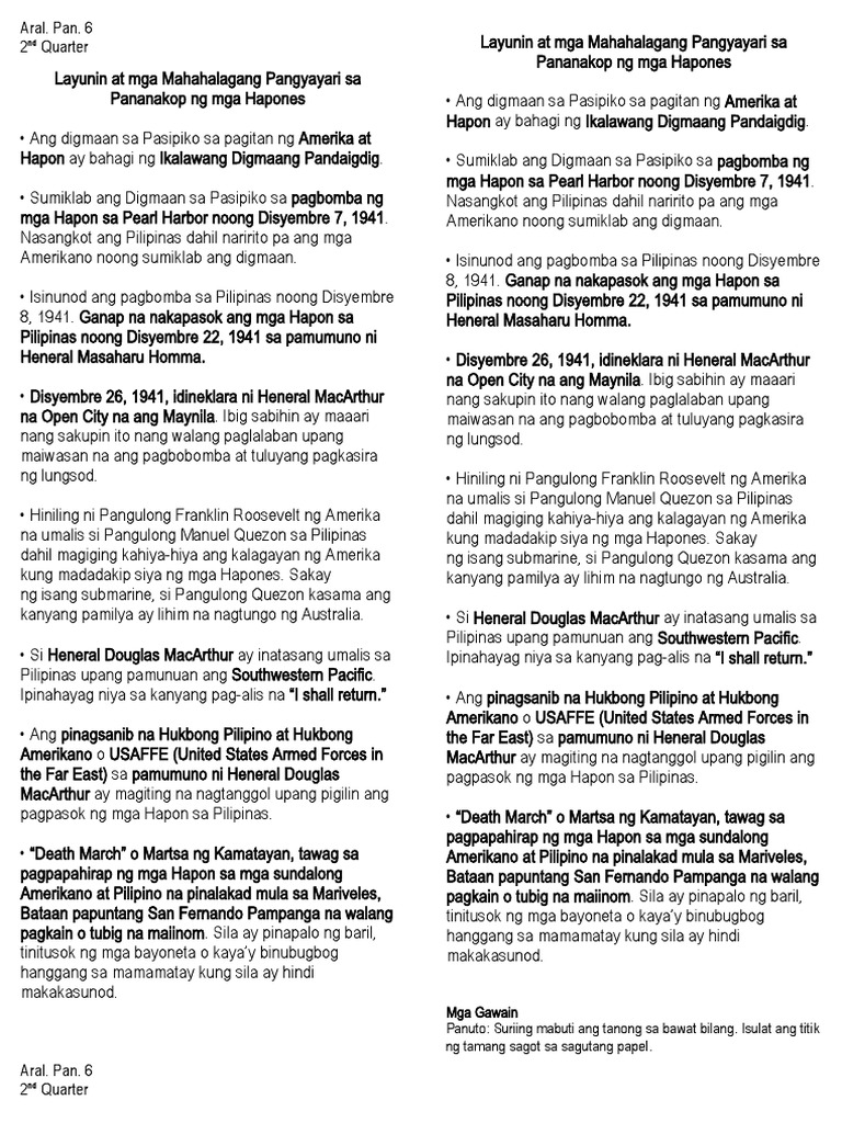 Mahahalagang Pangyayari Sa Pananakop NG Mga Hapones | PDF