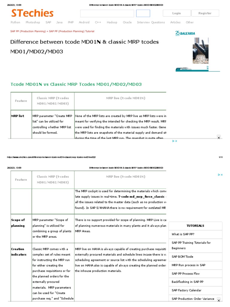 Difference Between Tcode MD01N & Classic MRP Tcodes MD01 - MD02 - MD03 | PDF | Computer Science ...
