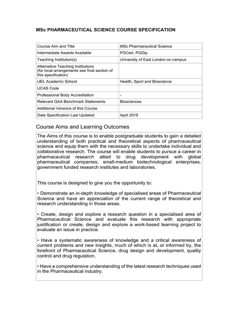 Course Specification - MSC Pharmaceutical Science | PDF | Science | Pharmacology