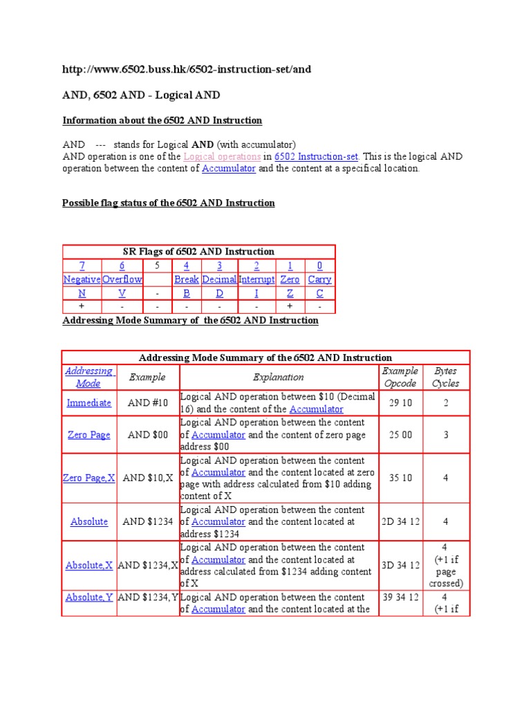 And 6502 And Logical And Information About The 6502 And Instruction