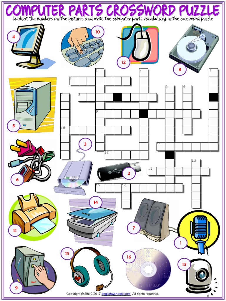 Computer Parts Vocabulary Esl Crossword Puzzle Worksheet For Kids | PDF