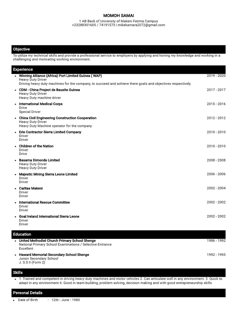 Seeking Employment as a Heavy Duty Driver Utilizing Over 15 Years of Experience | PDF | Sierra Leone