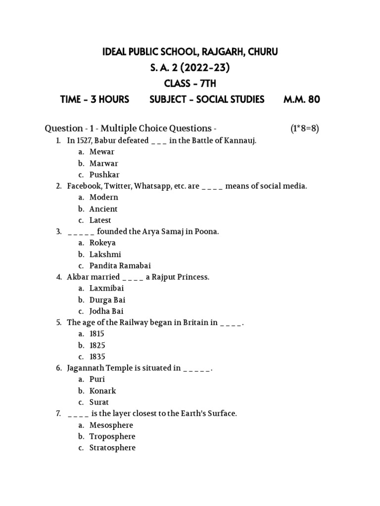 Class 7th SST S.A. 2 | PDF | Mughal Empire | South Asia