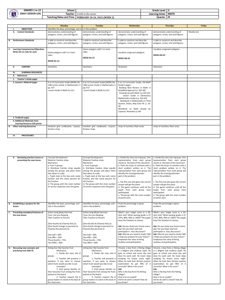 Grade 5 DLL MATH 5 Q3 Week 2 | PDF | Percentage | Mathematics