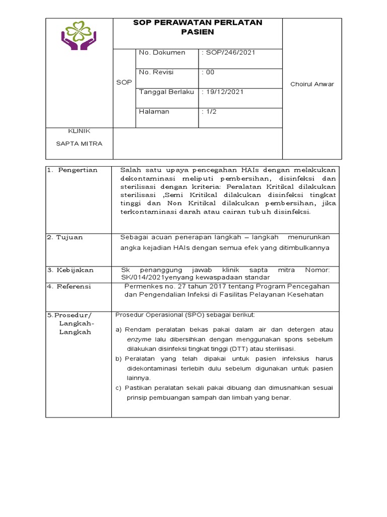 Sop Peralatan Perawatan Pasien | PDF