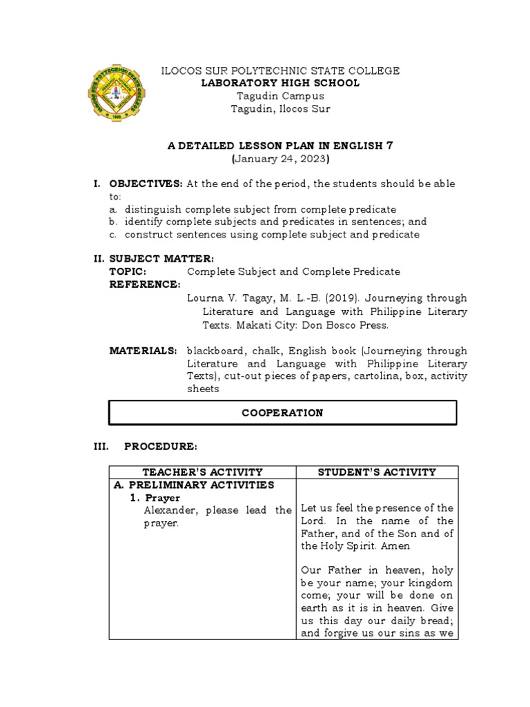 Lesson Plan Pdf Subject Grammar Predicate Grammar