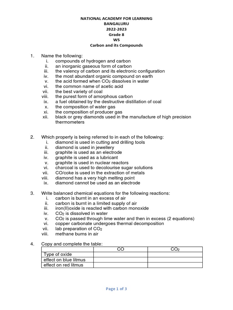 Grade 8 WS Carbon and Its Compounds | Download Free PDF | Carbon | Carbon Dioxide