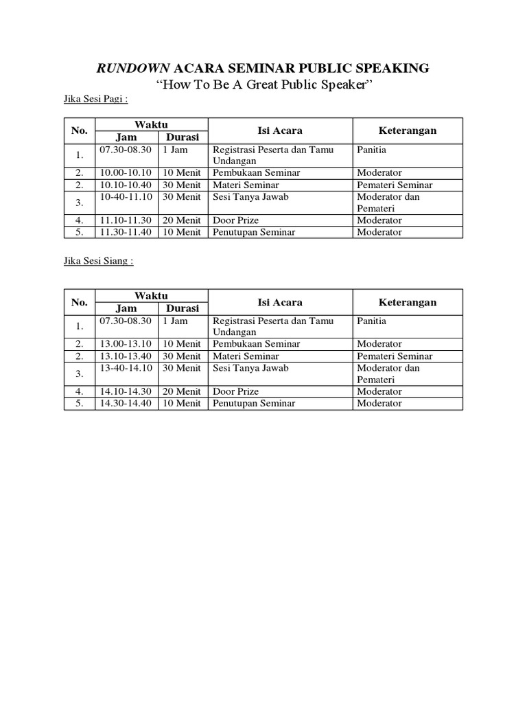 Contoh Rundown Acara Seminar Public Speaking | PDF