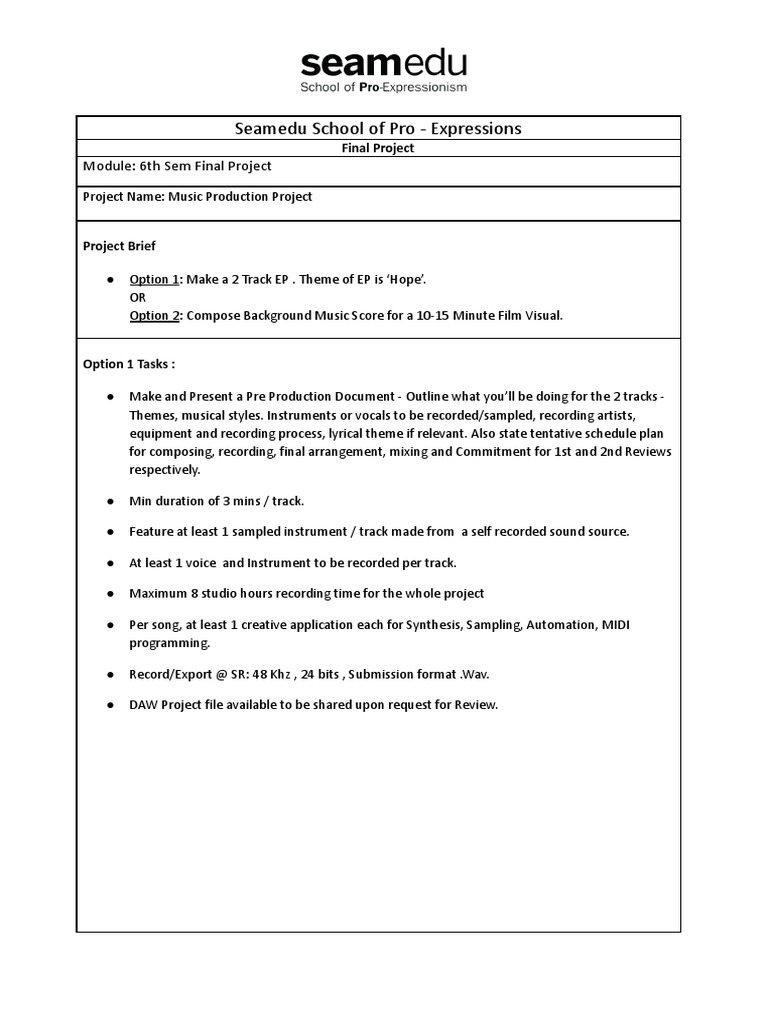 6th SEM Final - Music Production Project Brief | PDF | Computing | Sound Technology