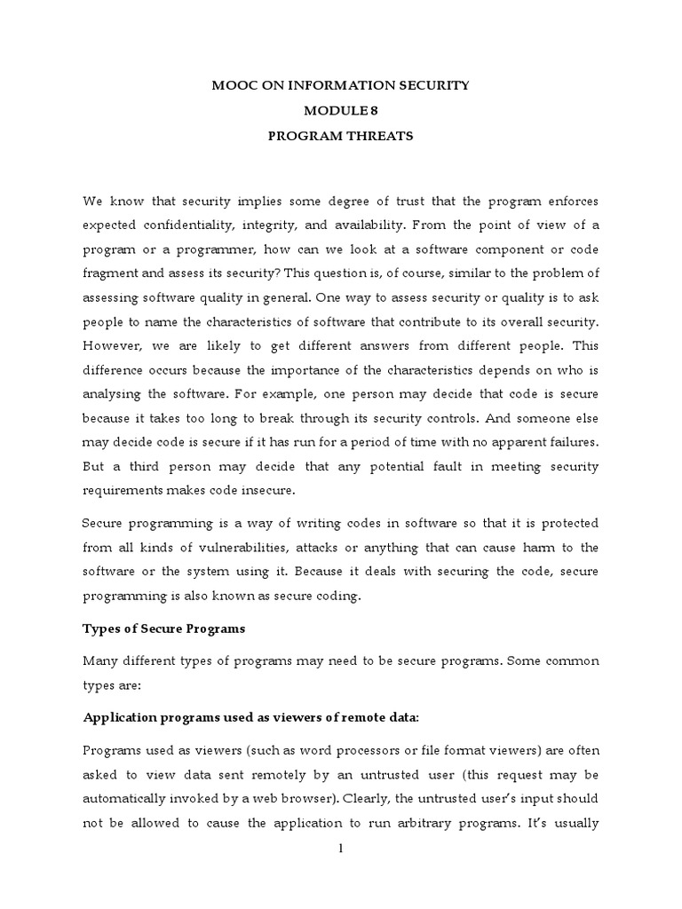 MOOC on Information Security Module 8 - Types of Secure Programs | PDF | Malware | Computer Virus