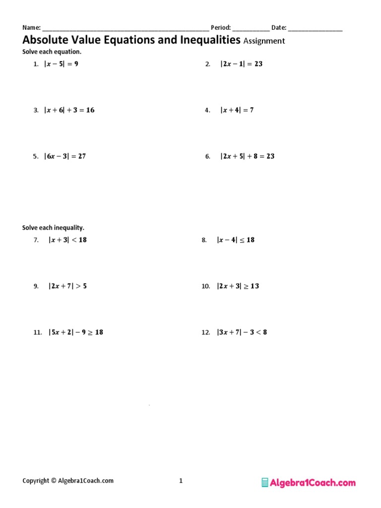 3 7 Assignment Absolute Value Equations and Inequalities | PDF ...