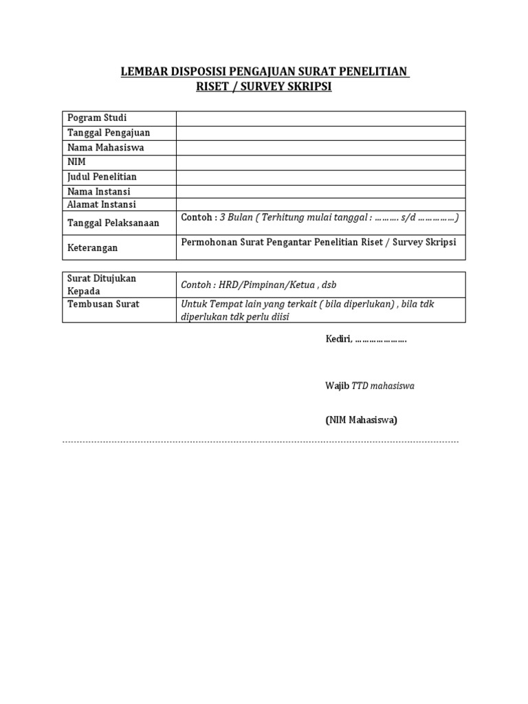 Contoh Lembar Disposisi Pengajuan Surat Penelitian Skripsi | PDF