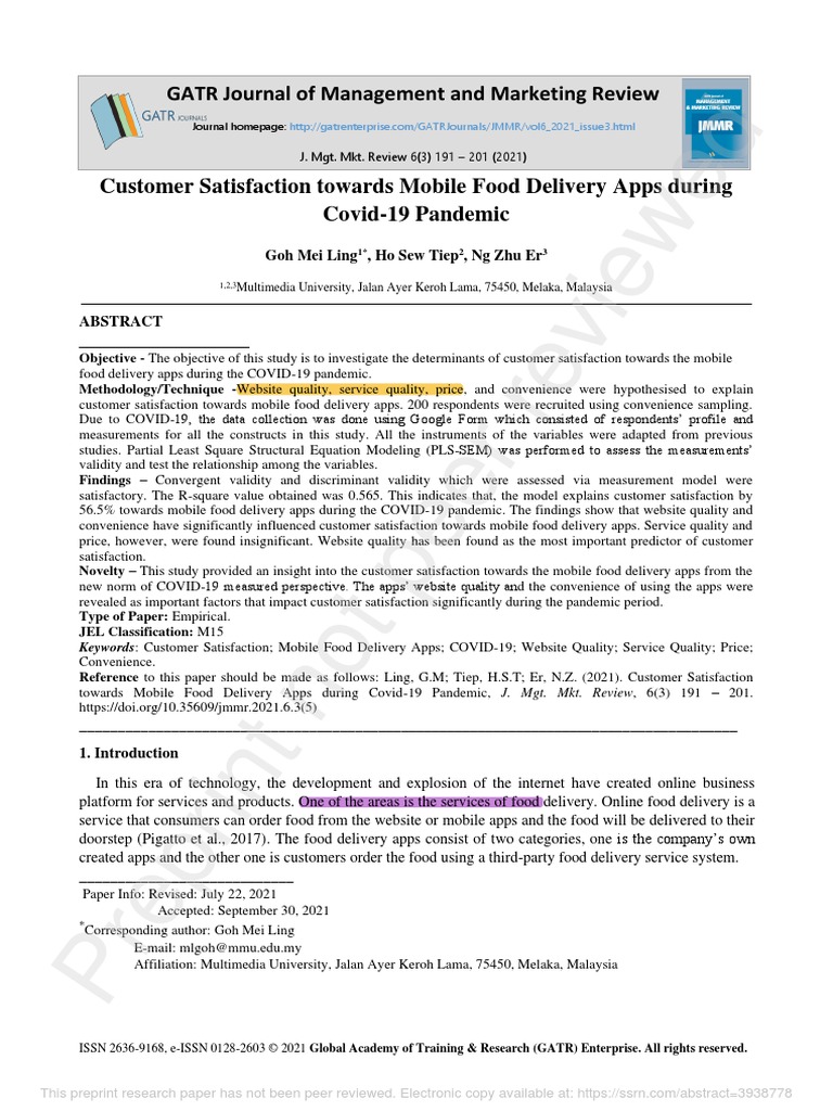 Customer Satisfaction Towards Mobile Food Delivery Apps During Covid-19 ...