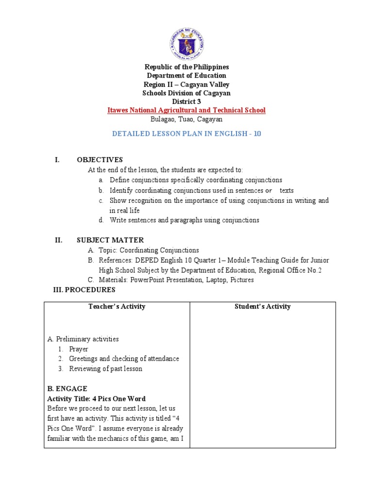 Coordinating Conjunctions Lesson Plan | PDF | Cognitive Science ...