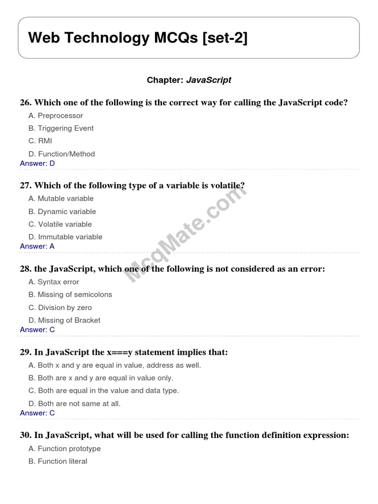 Web Technology (Chapter - JavaScript) Solved MCQs (Set-2) | PDF | Java Script | World Wide Web