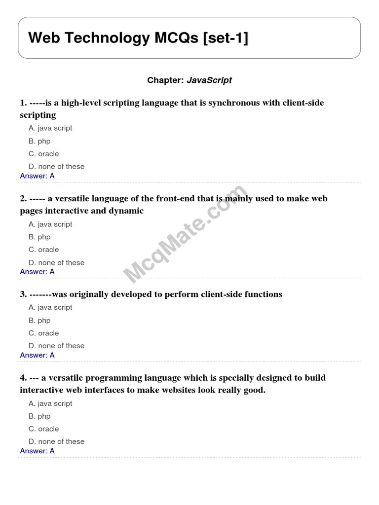 Web Technology Chapter Javascript Solved Mcqs Set 1 Pdf Java Script Dynamic Web Page