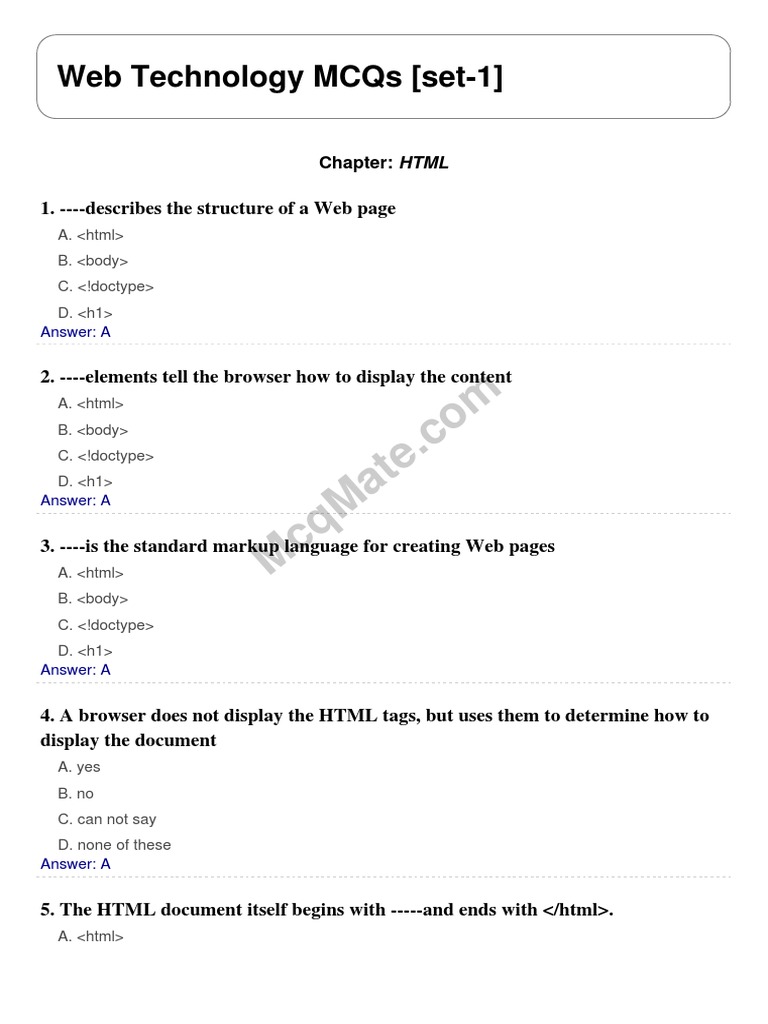 Web Technology (Chapter - HTML) Solved MCQs (Set-1) | PDF | Html ... Web Technology (Chapter - HTML) Solved MCQs (Set-1) | PDF | Html ...