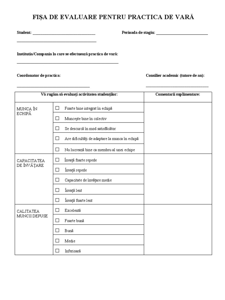 Fisa de Evaluare Pentru Practica de Vara