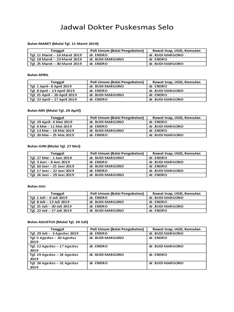Jadwal Dokter PKM Selo | PDF