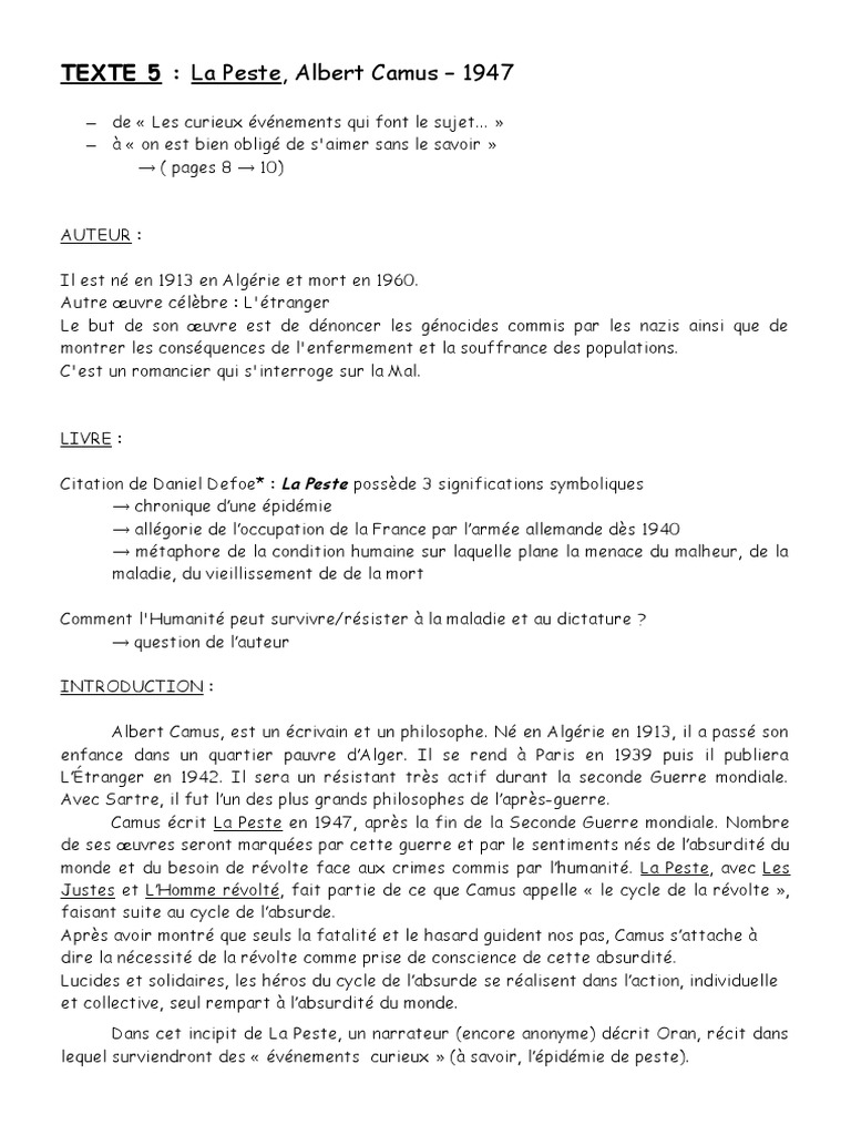 Texte 5 - La Peste (Incipit) | PDF | Albert Camus