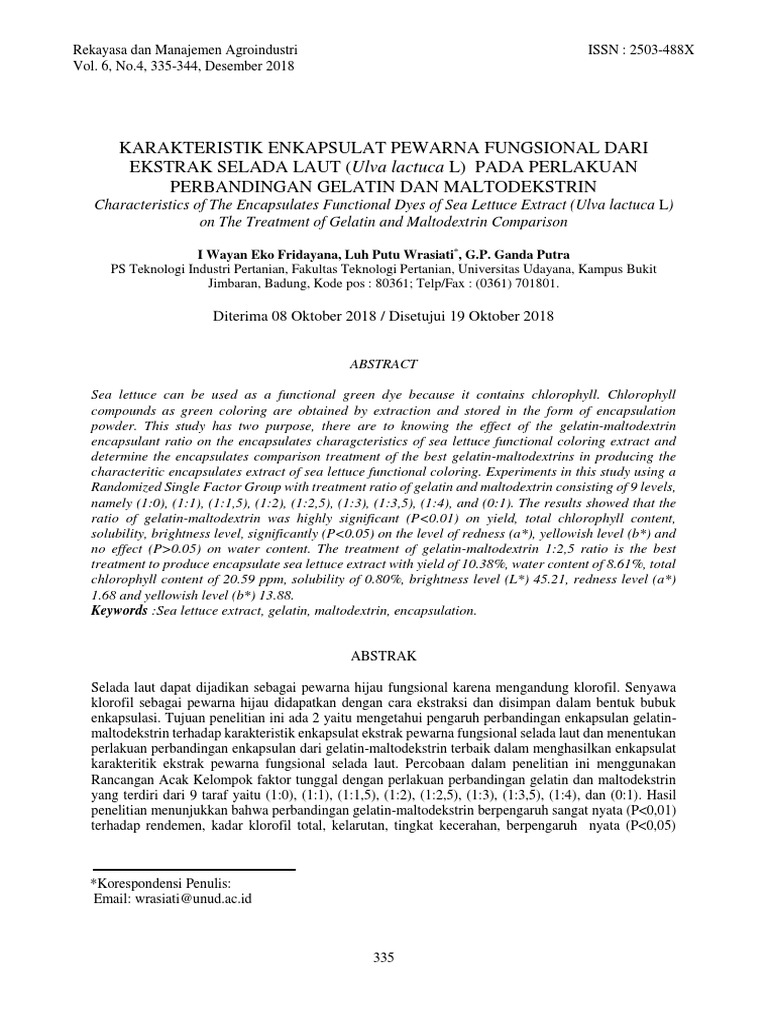 Karakteristik Enkapsulat Pewarna Fungsional Dari Ekstrak Selada Laut ...